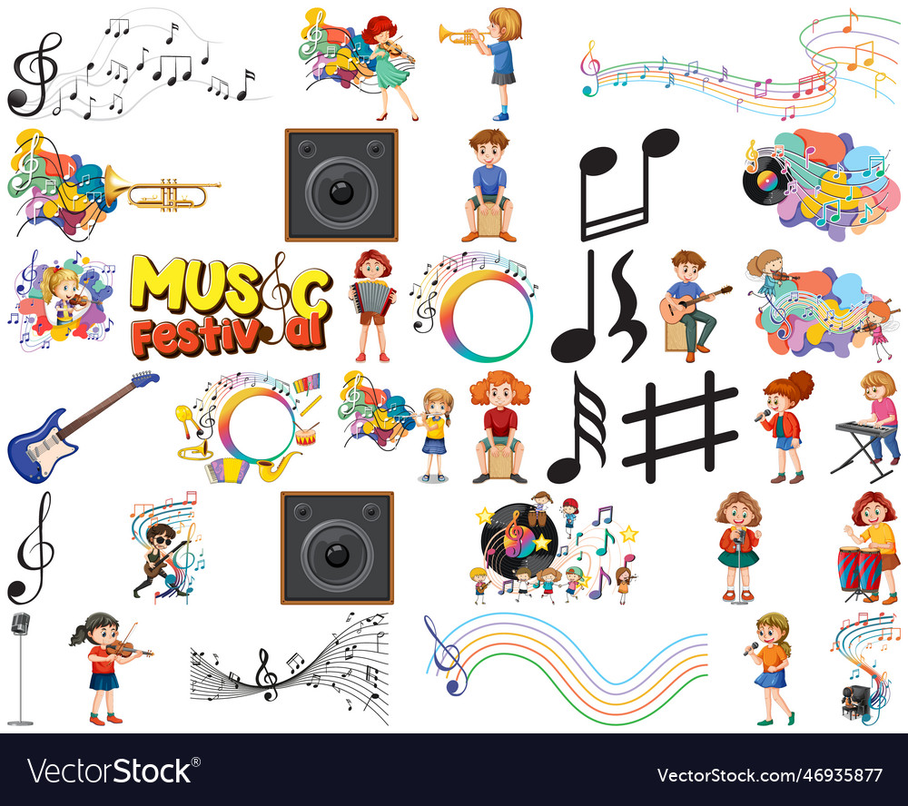Kids musical instruments and music symbols set Vector Image
