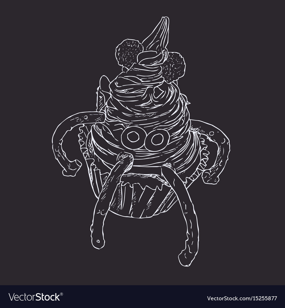 Monster cupcake spooky for halloween sketch Vector Image