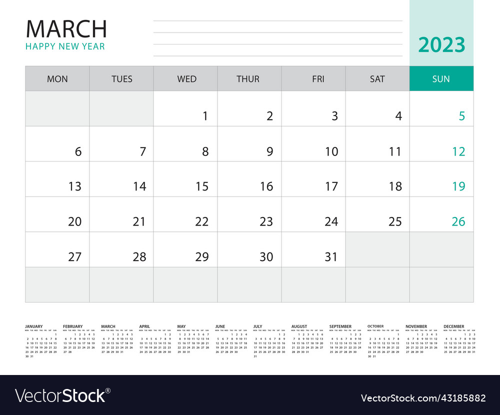 March 2023-calendar 2023 template Royalty Free Vector Image