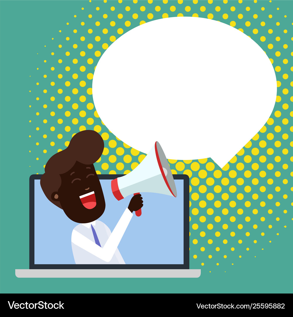 Smiling young man speaking through laptop screen Vector Image