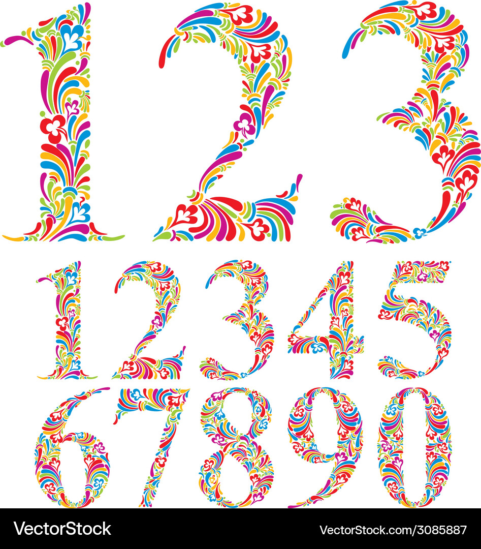Floral colorful numbers set Royalty Free Vector Image