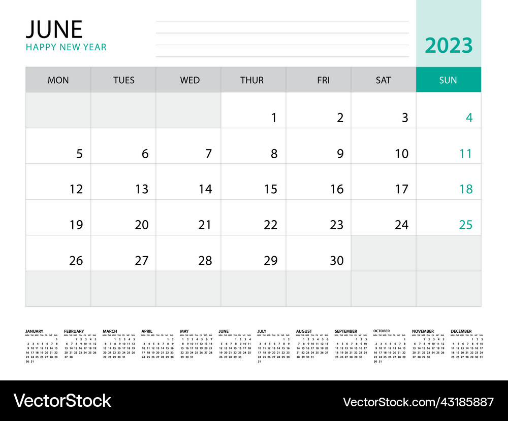 June 2023-calendar 2023 template Royalty Free Vector Image