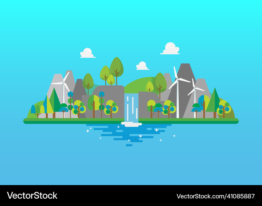 Waterfall and mountain landscape in flat style Vector Image