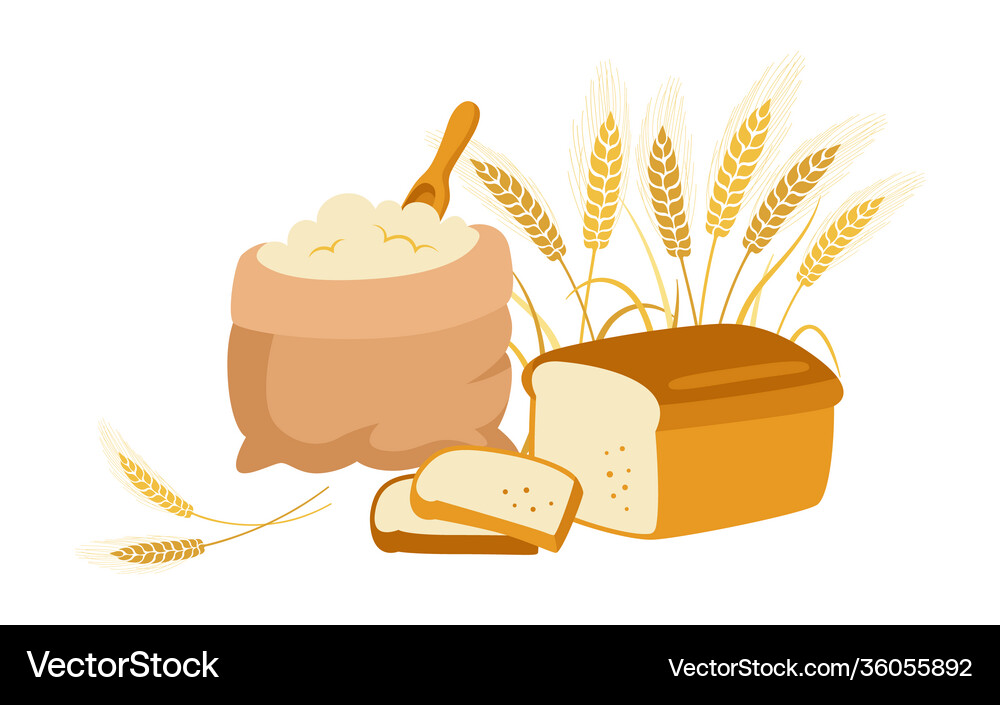 Bag flour wheat ears bread sliced cartoon Vector Image