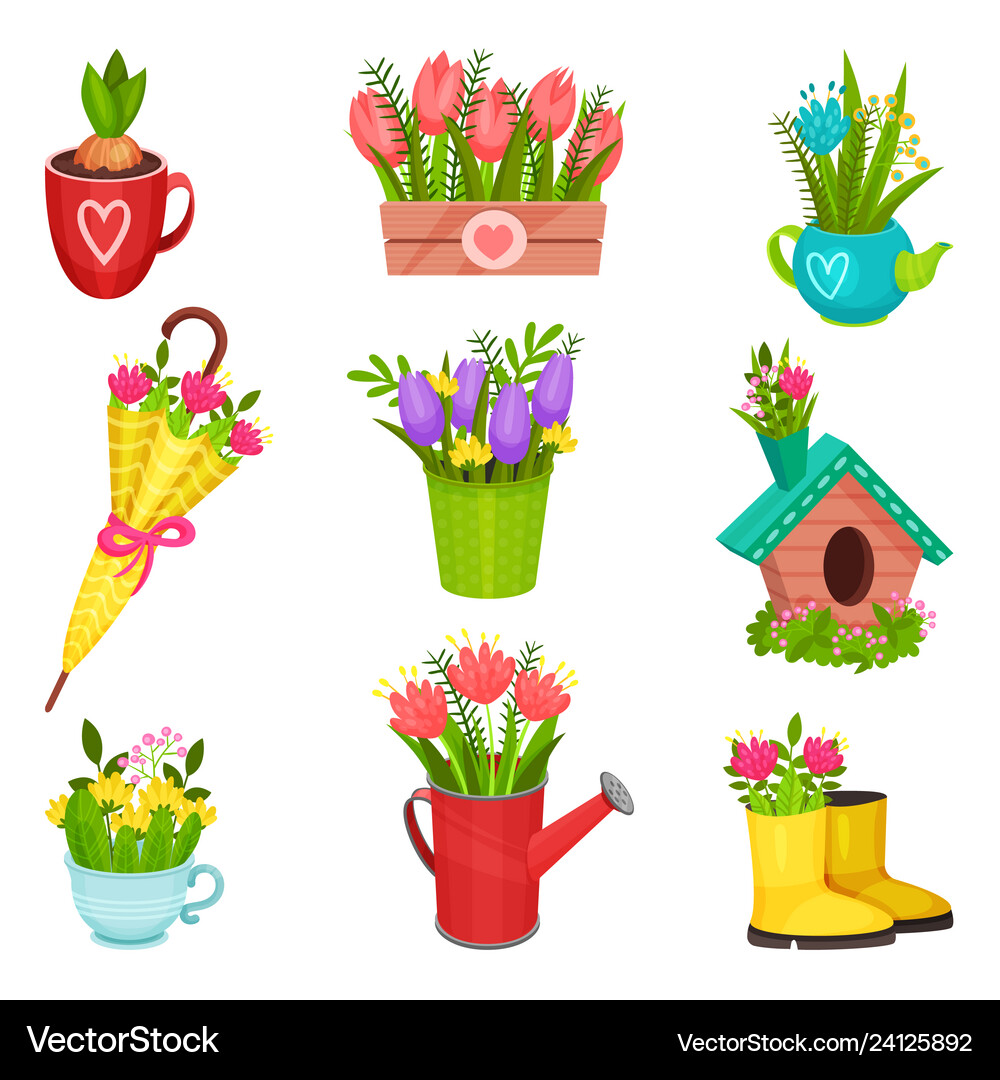 Flat set spring compositions beautiful Royalty Free Vector