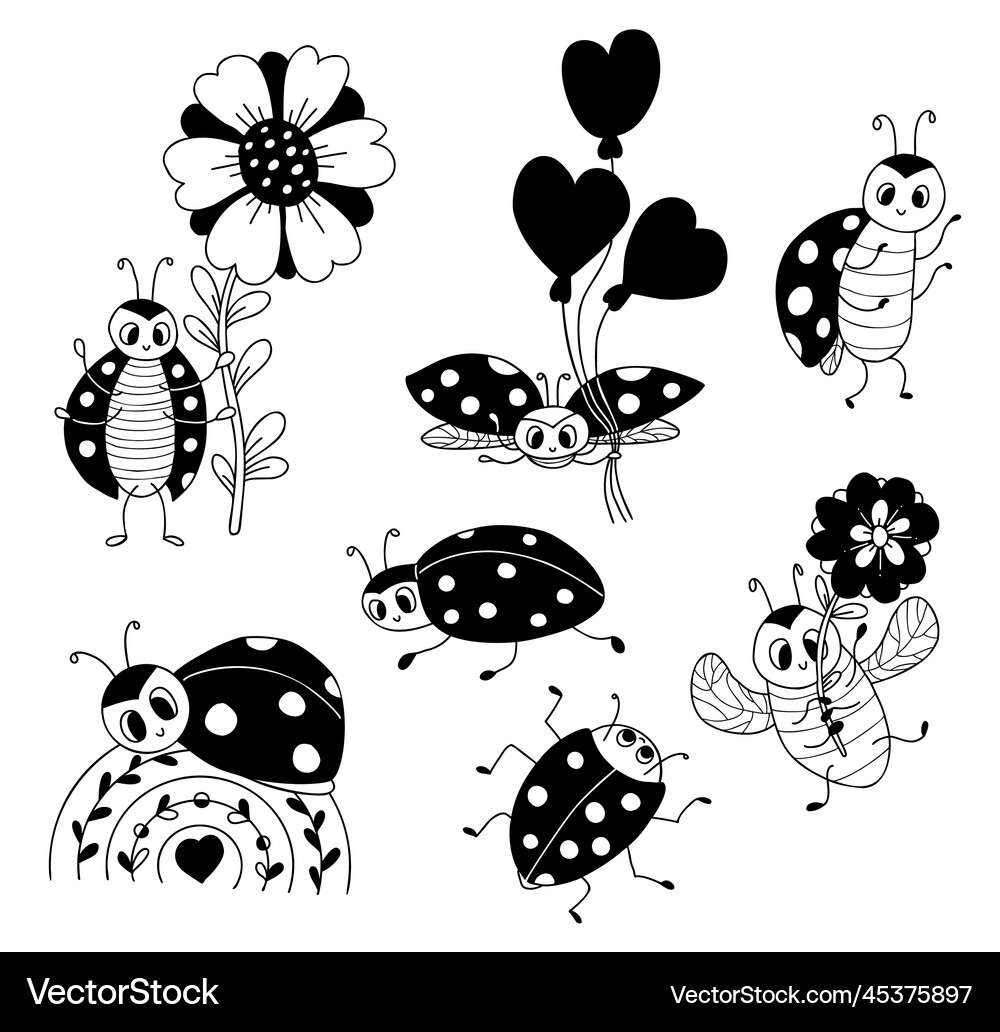 Collection cute ladybugs funny small insect doodle