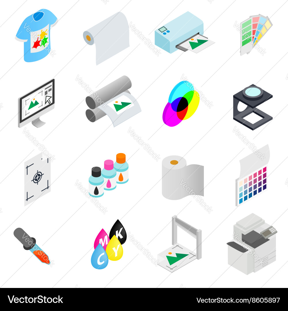 Printing icons set isometric 3d style Royalty Free Vector