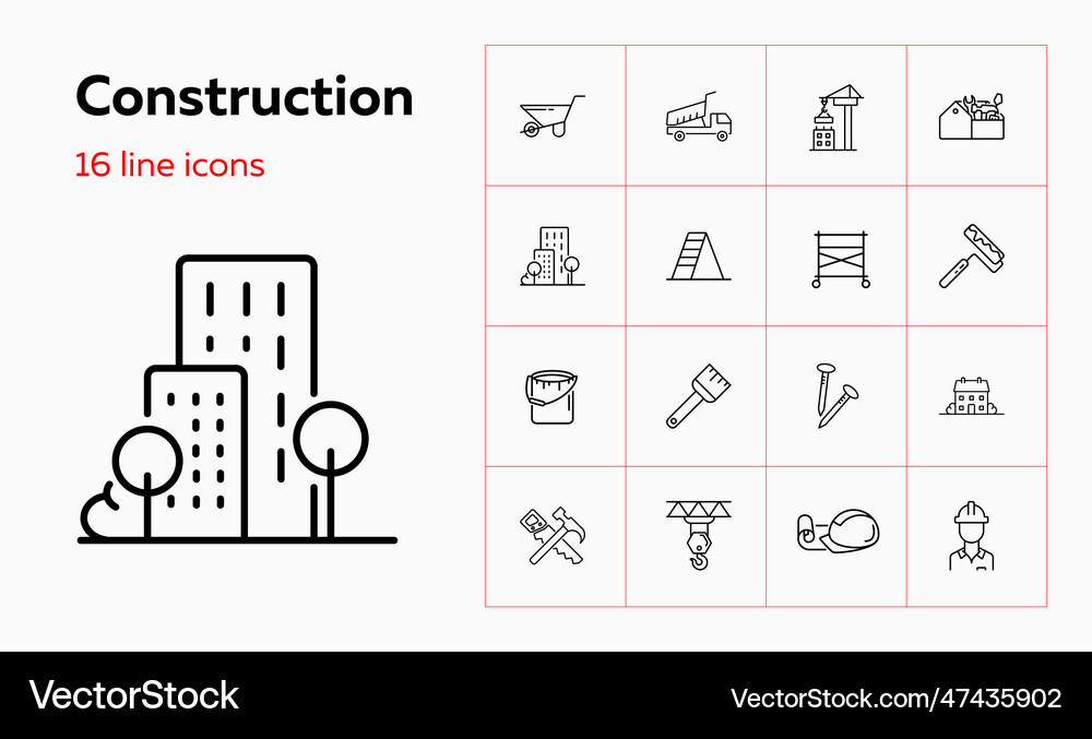 Construction site line icon set cart crane saw Vector Image