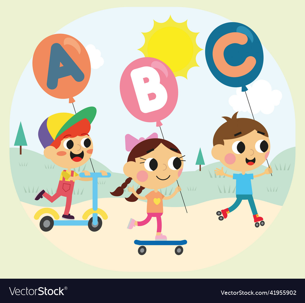 Cute kids holding letter balloons Royalty Free Vector Image