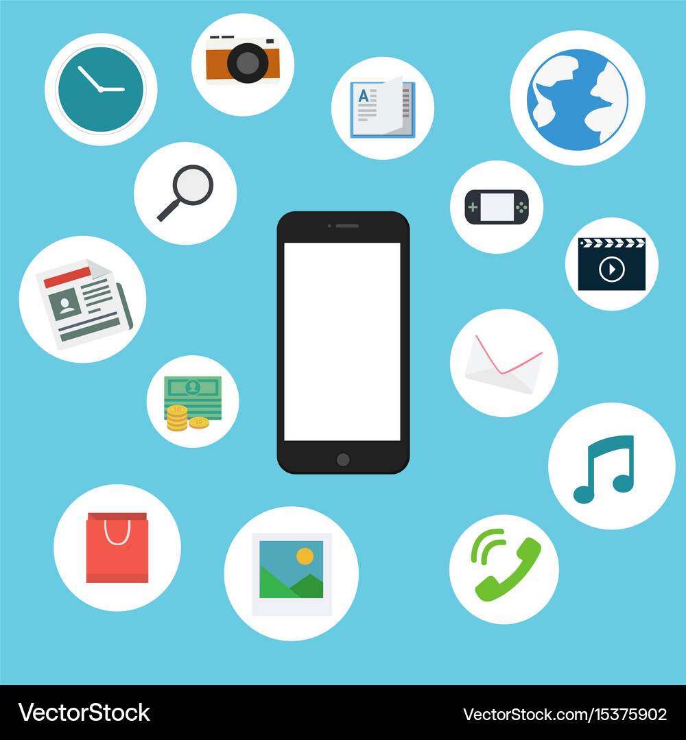 Flat mobile phone with entertainment icons Vector Image