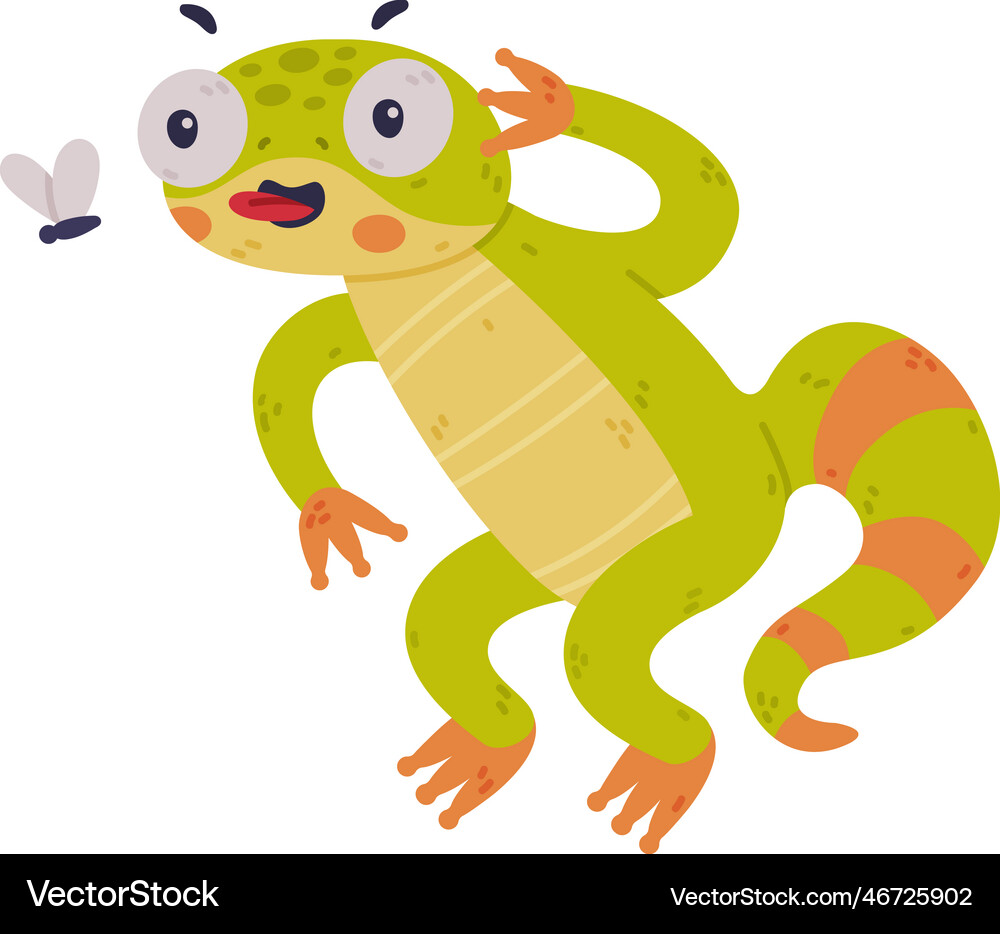 Funny green gecko character catching fly Vector Image