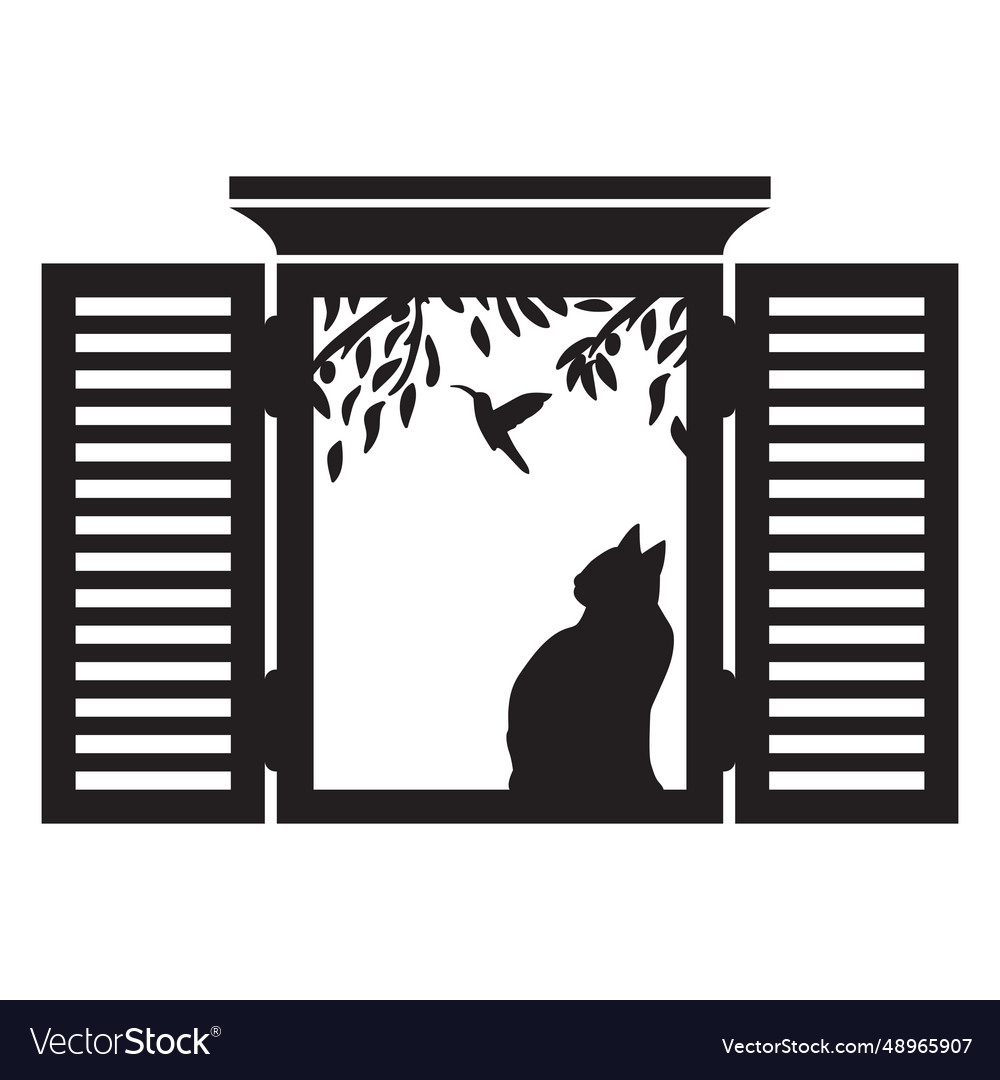 Rectangular open window cat bird scene Royalty Free Vector