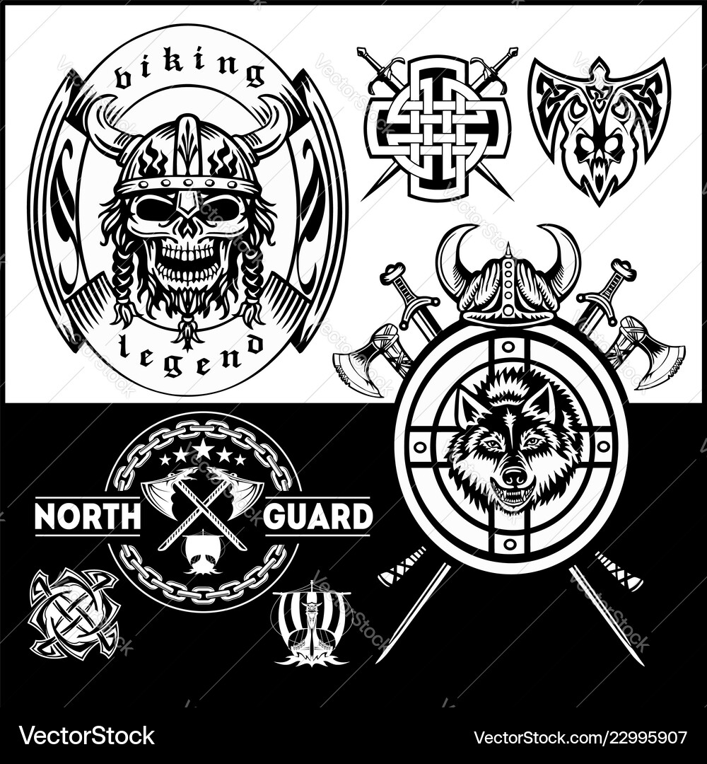 Set of viking emblems labels and logos Royalty Free Vector