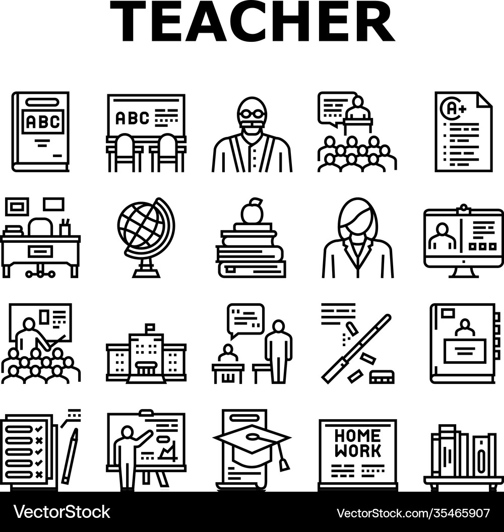 Teacher education collection icons set Royalty Free Vector