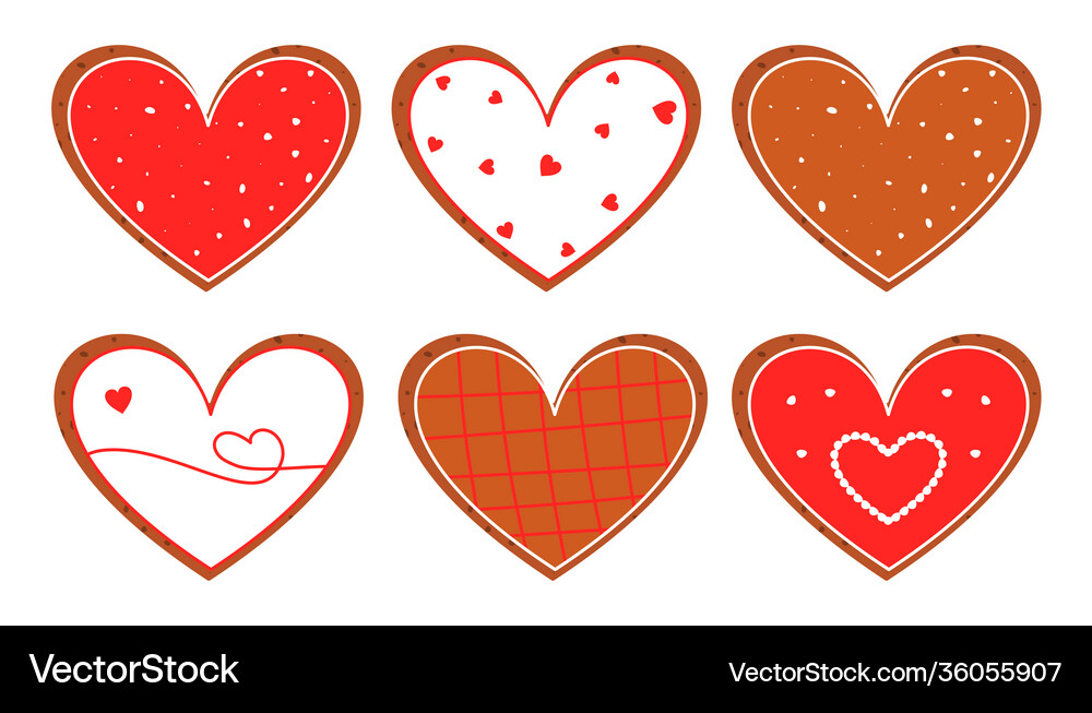 Valentine day ginger heart cookies flat set Vector Image