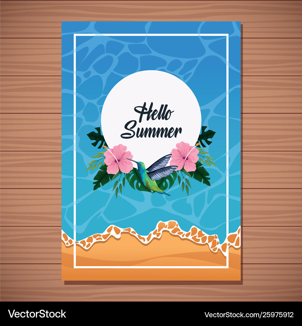 Hello summer card on wooden background Royalty Free Vector