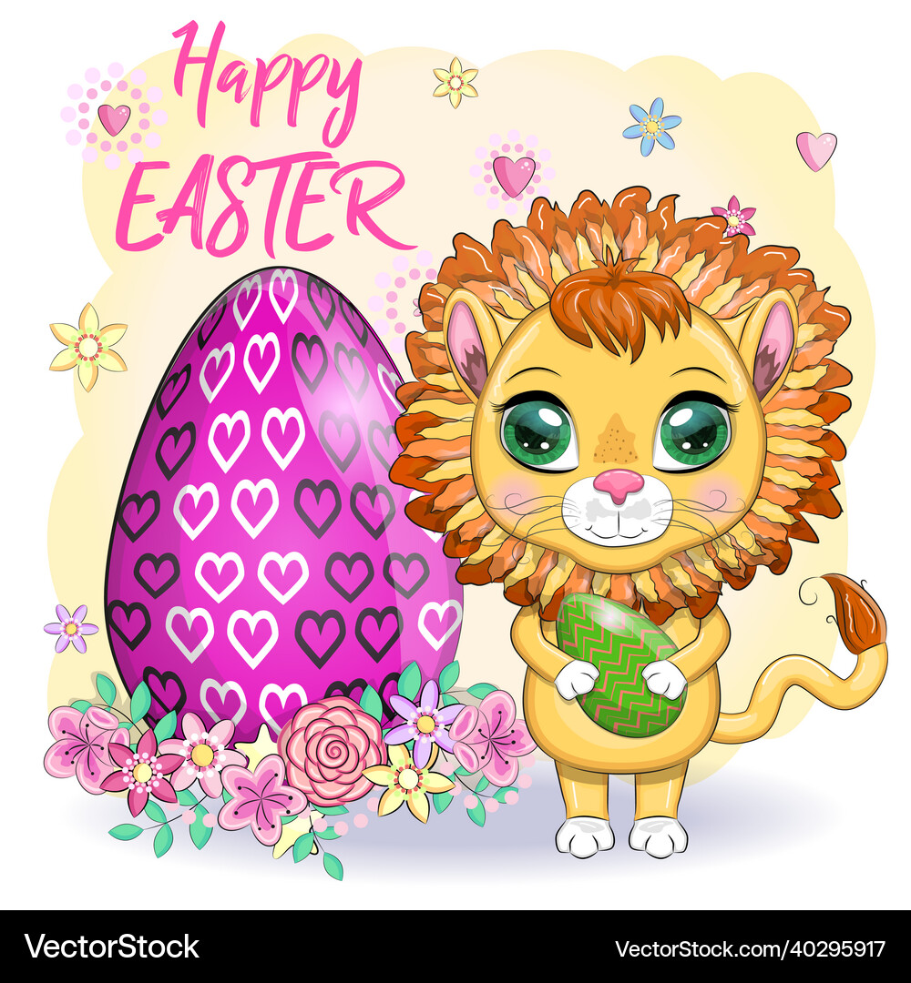 Cartoon lion with easter egg character Royalty Free Vector