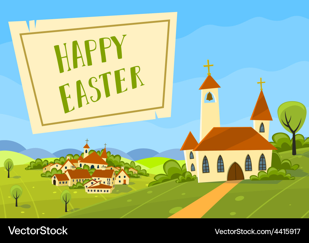 Spring easter card with village and church Vector Image