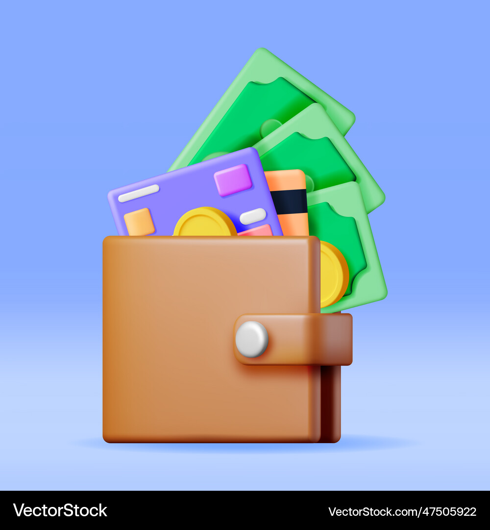 3d money and leather wallet Royalty Free Vector Image