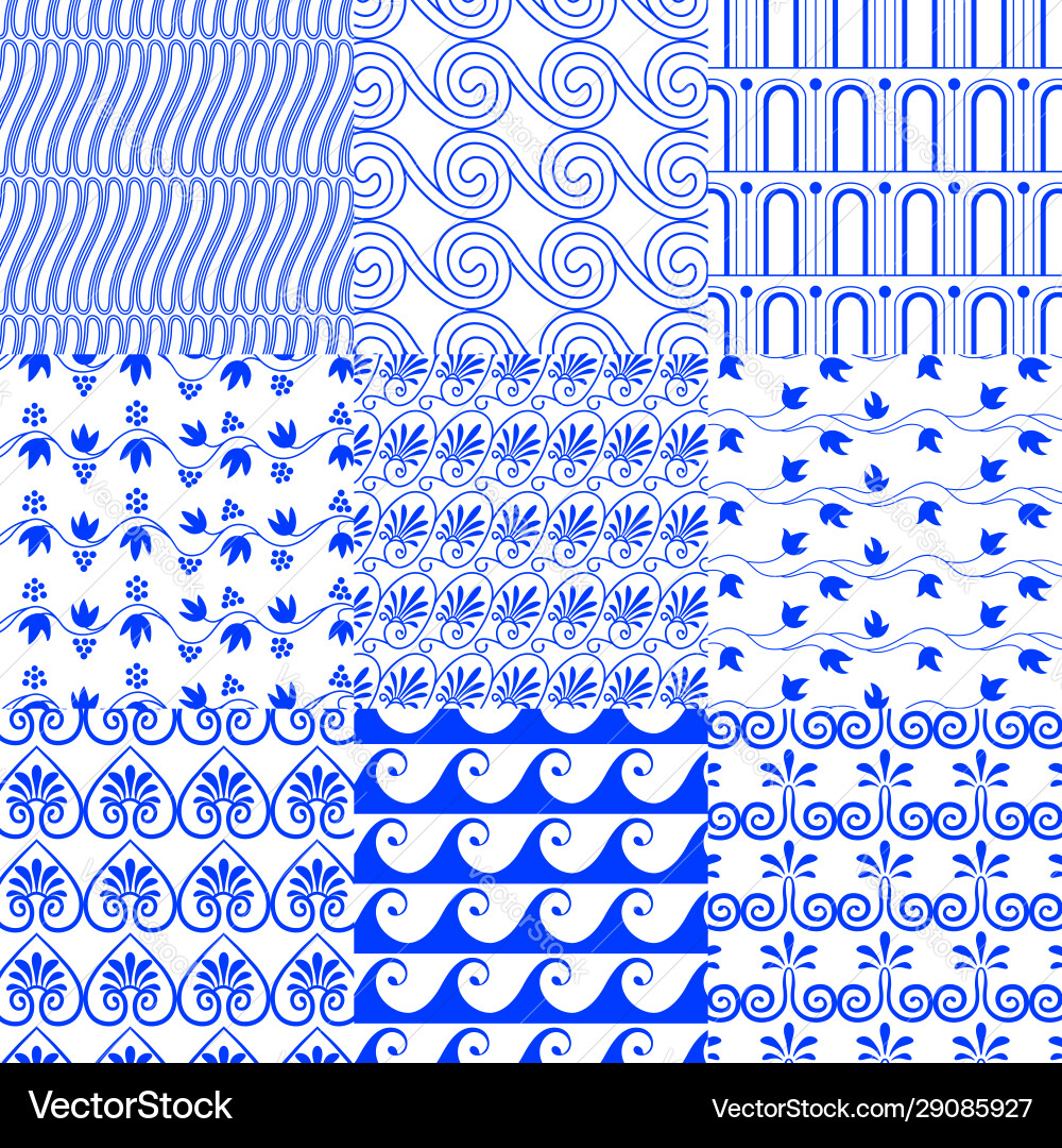Set greek traditional seamless tiled blue Vector Image