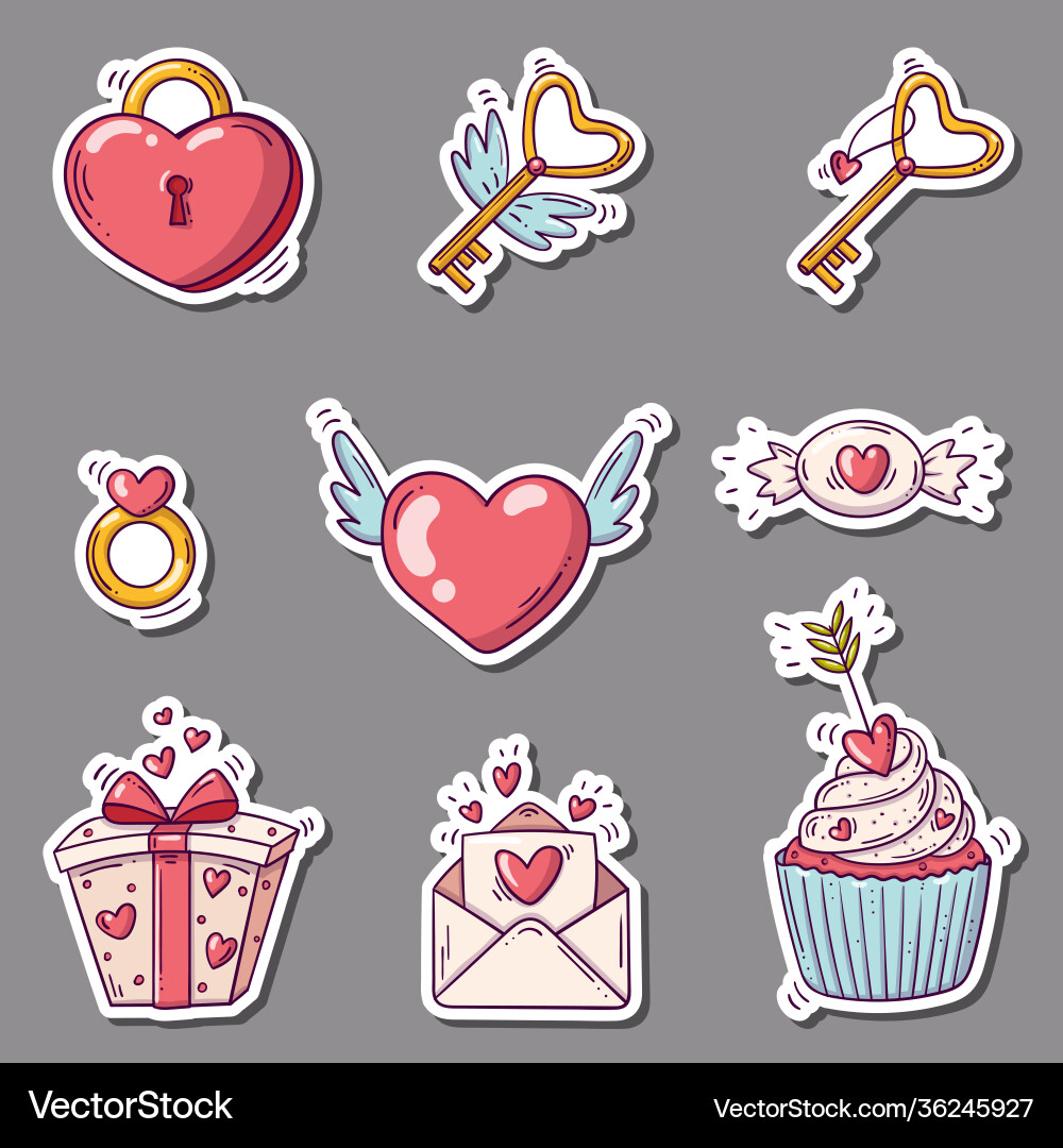 Set stickers with hearts and other love objects Vector Image