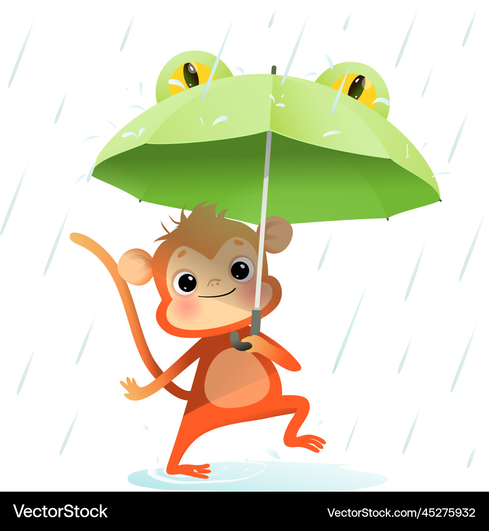Cute baby monkey with umbrella under the rain Vector Image
