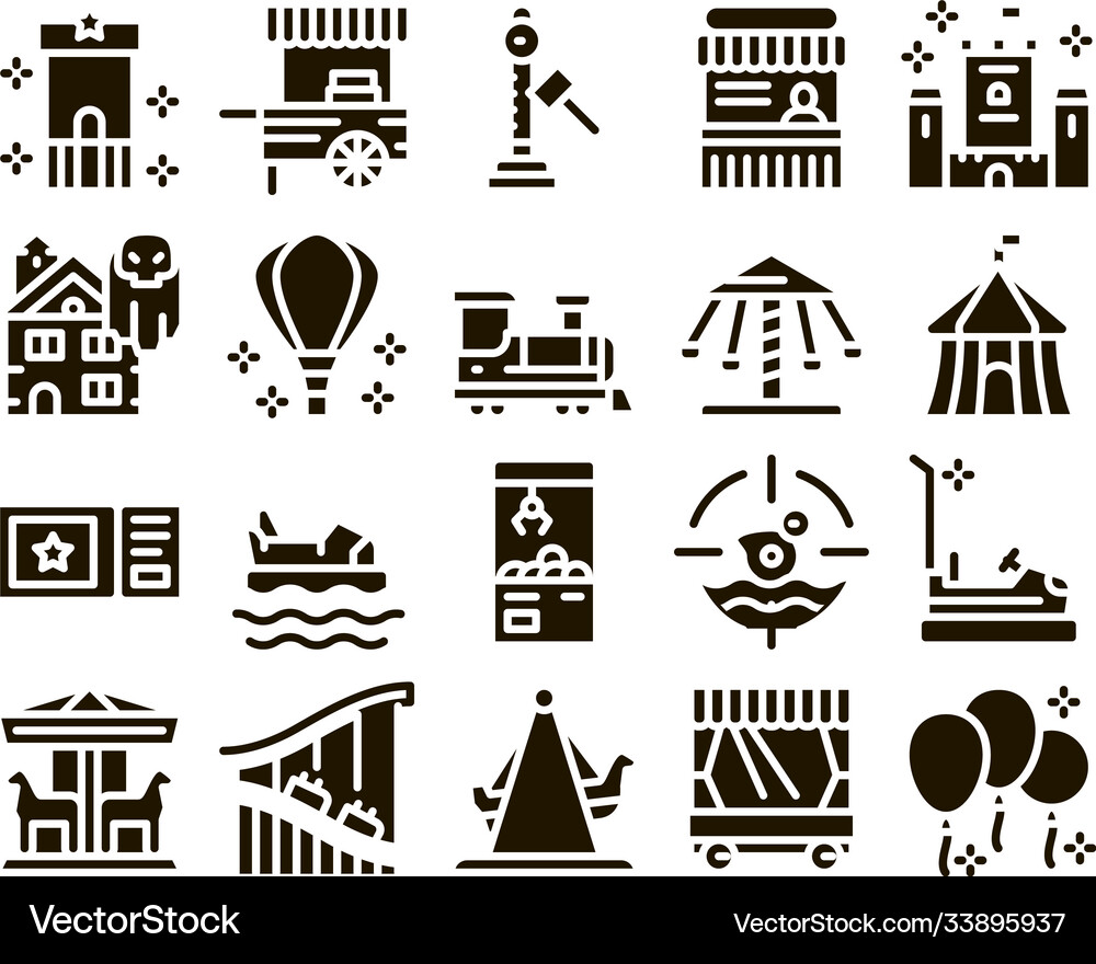 Amusement park and attraction icons set Royalty Free Vector