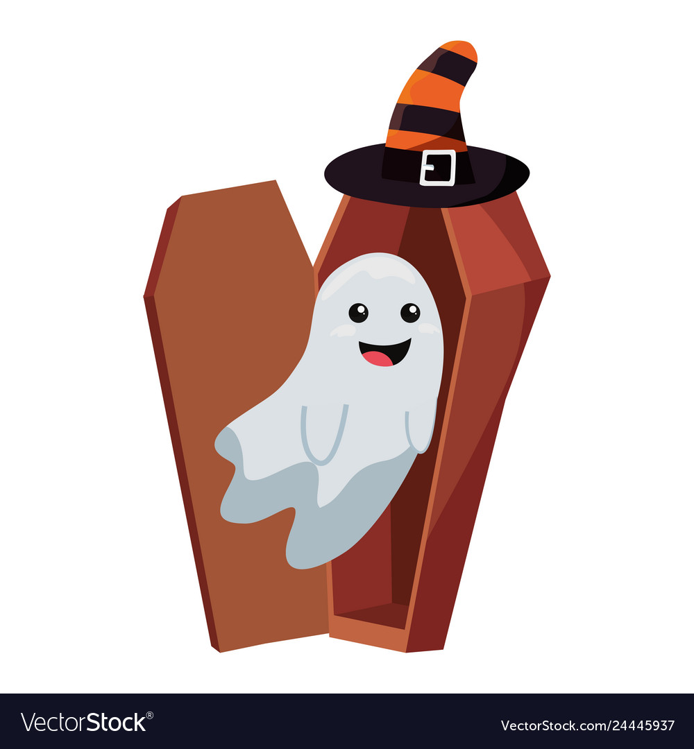 Halloween ghost with witch hat and coffin Vector Image