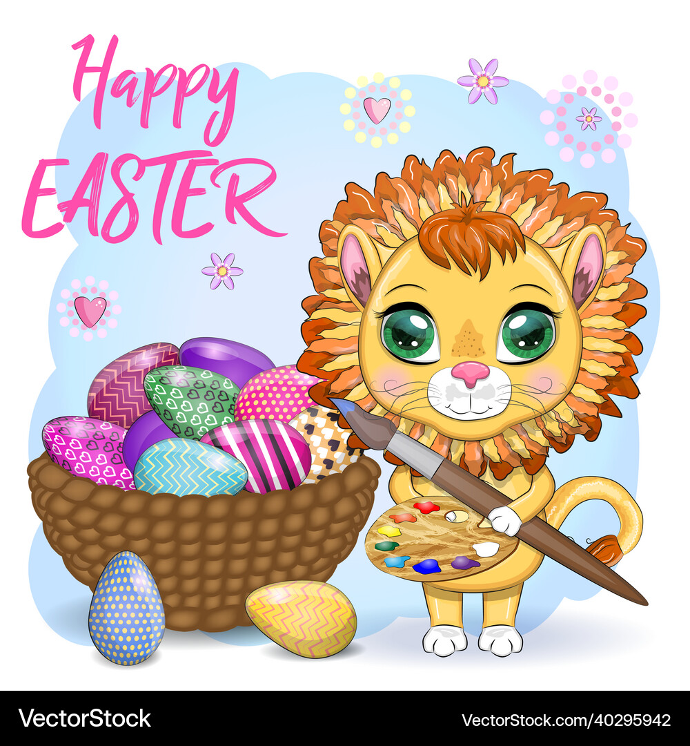 Cartoon lion with easter egg character Royalty Free Vector
