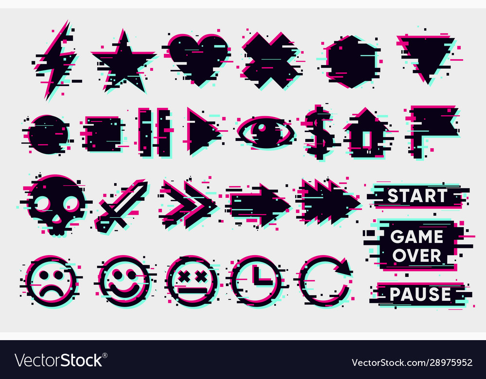 Glitch icons set interface navigation elements Vector Image