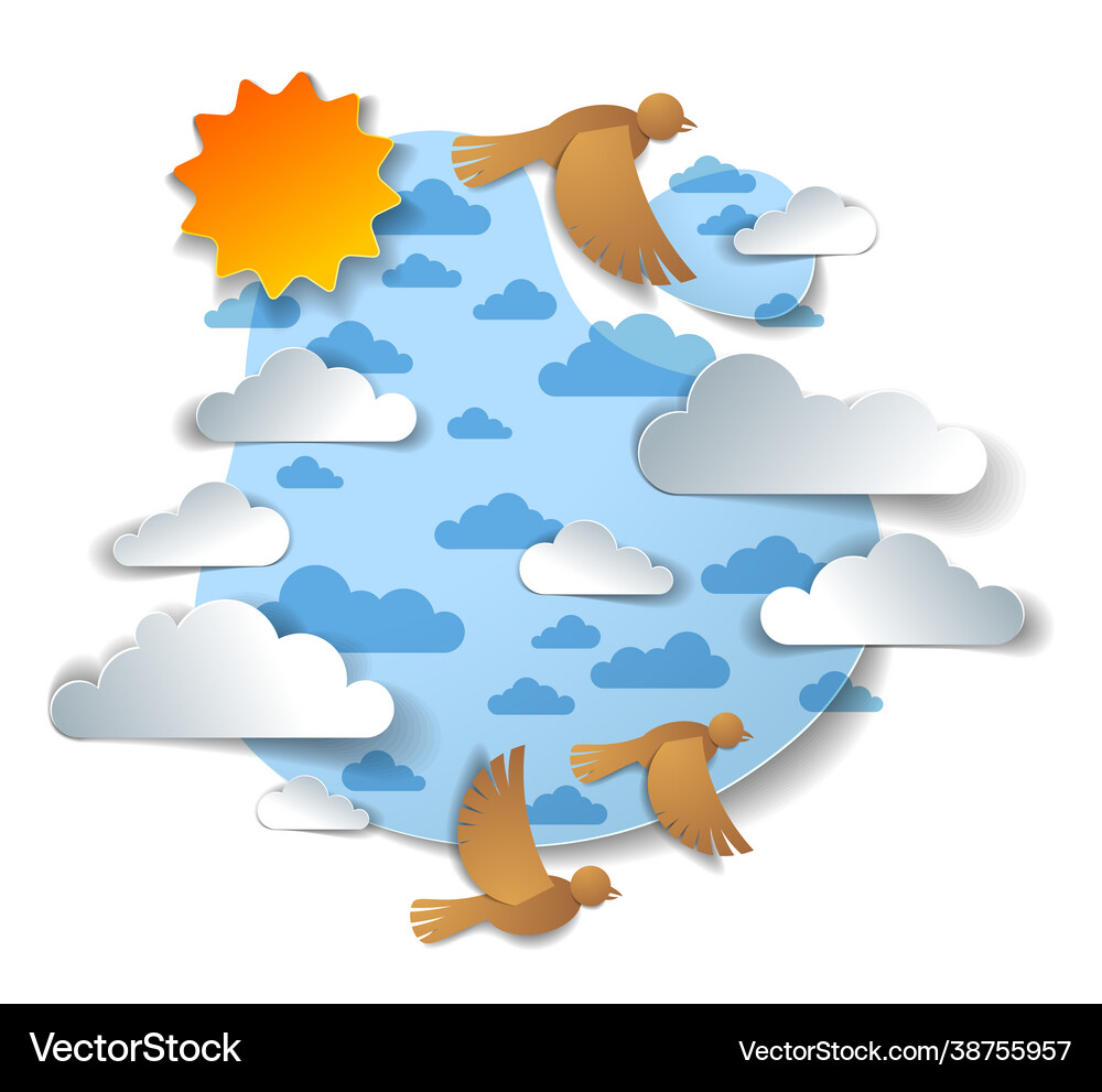 Birds flying in sky among beautiful clouds Vector Image