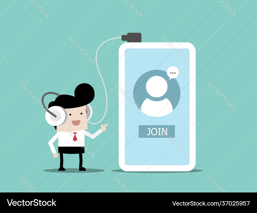 Businessman using headphones join chat room Vector Image