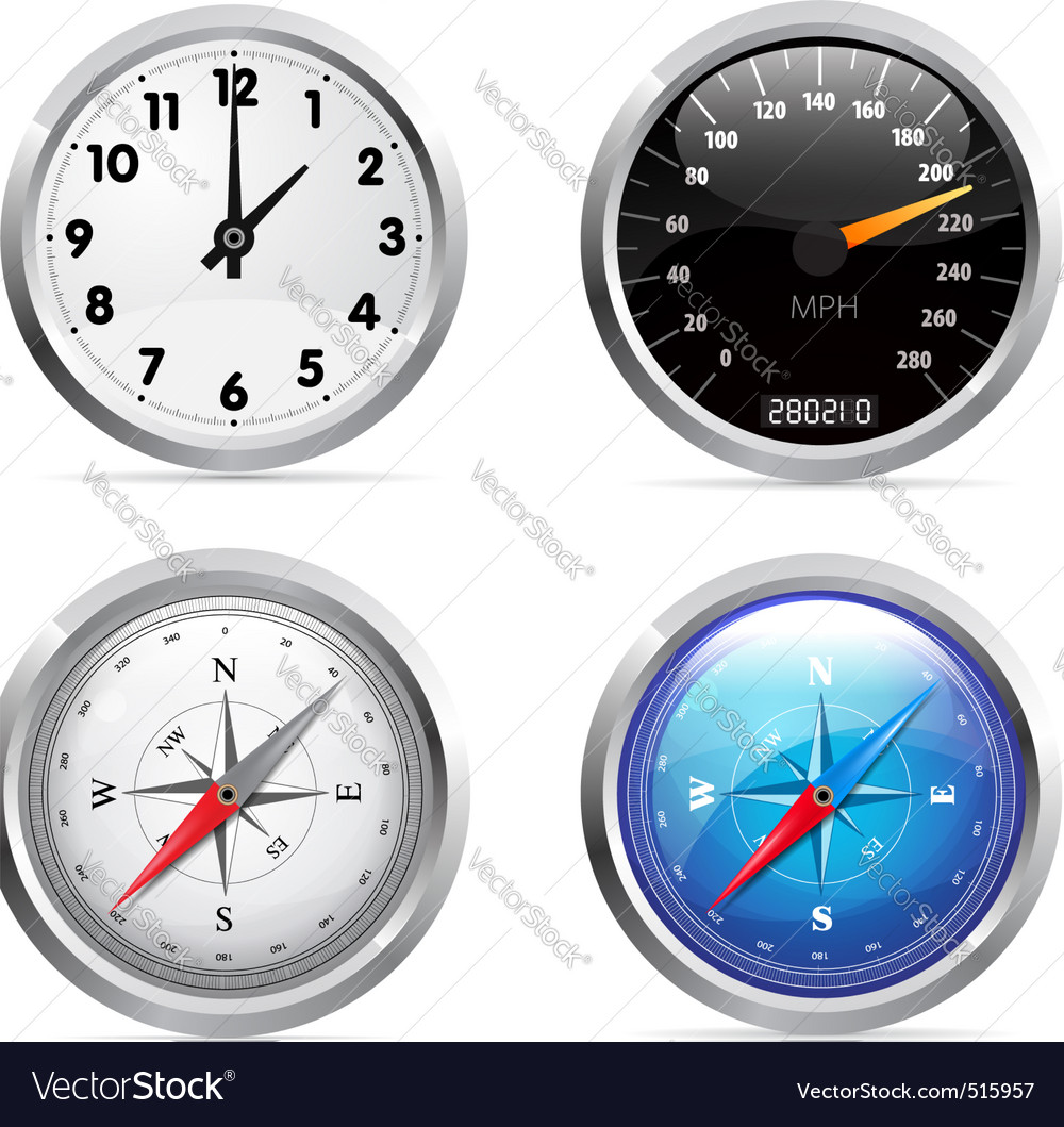 Clock speedometer and compass set Royalty Free Vector Image