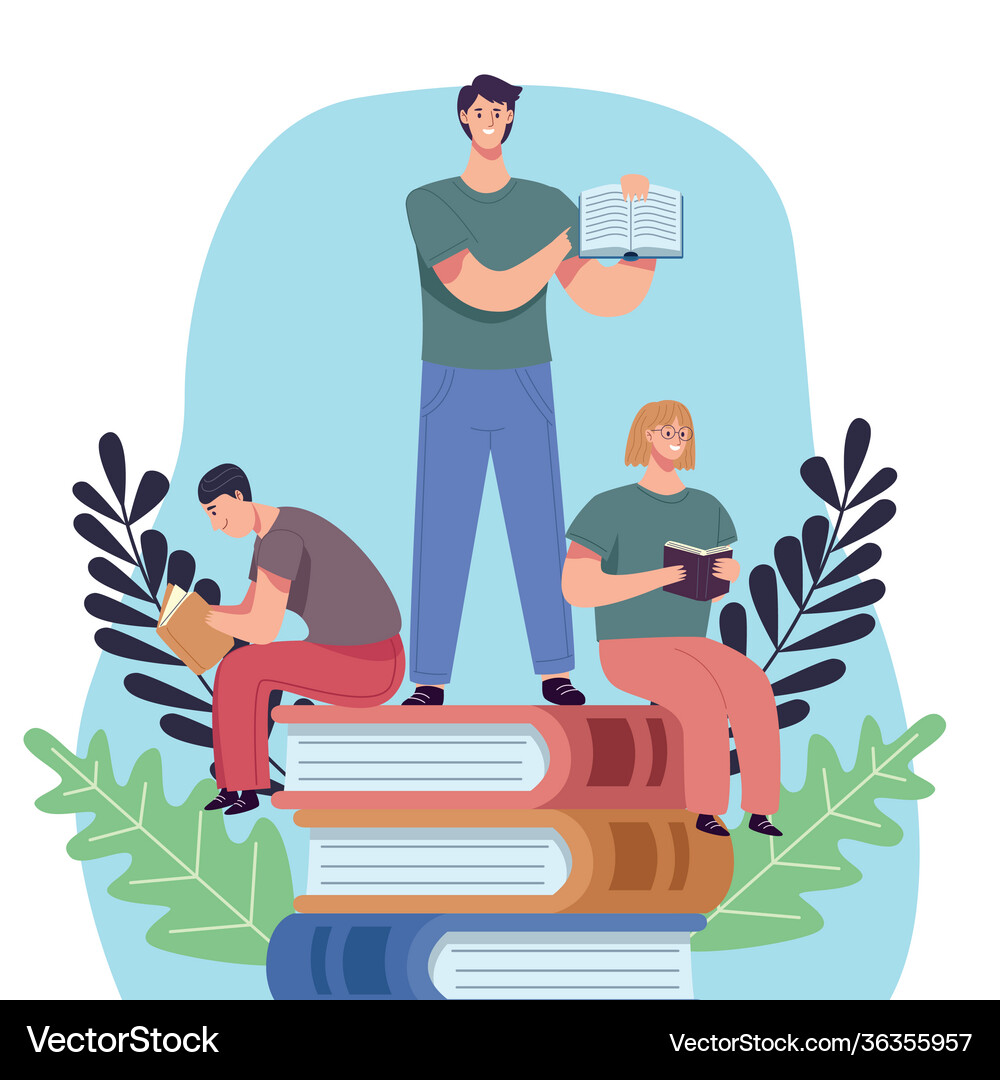 Group readers in pile books characters Royalty Free Vector