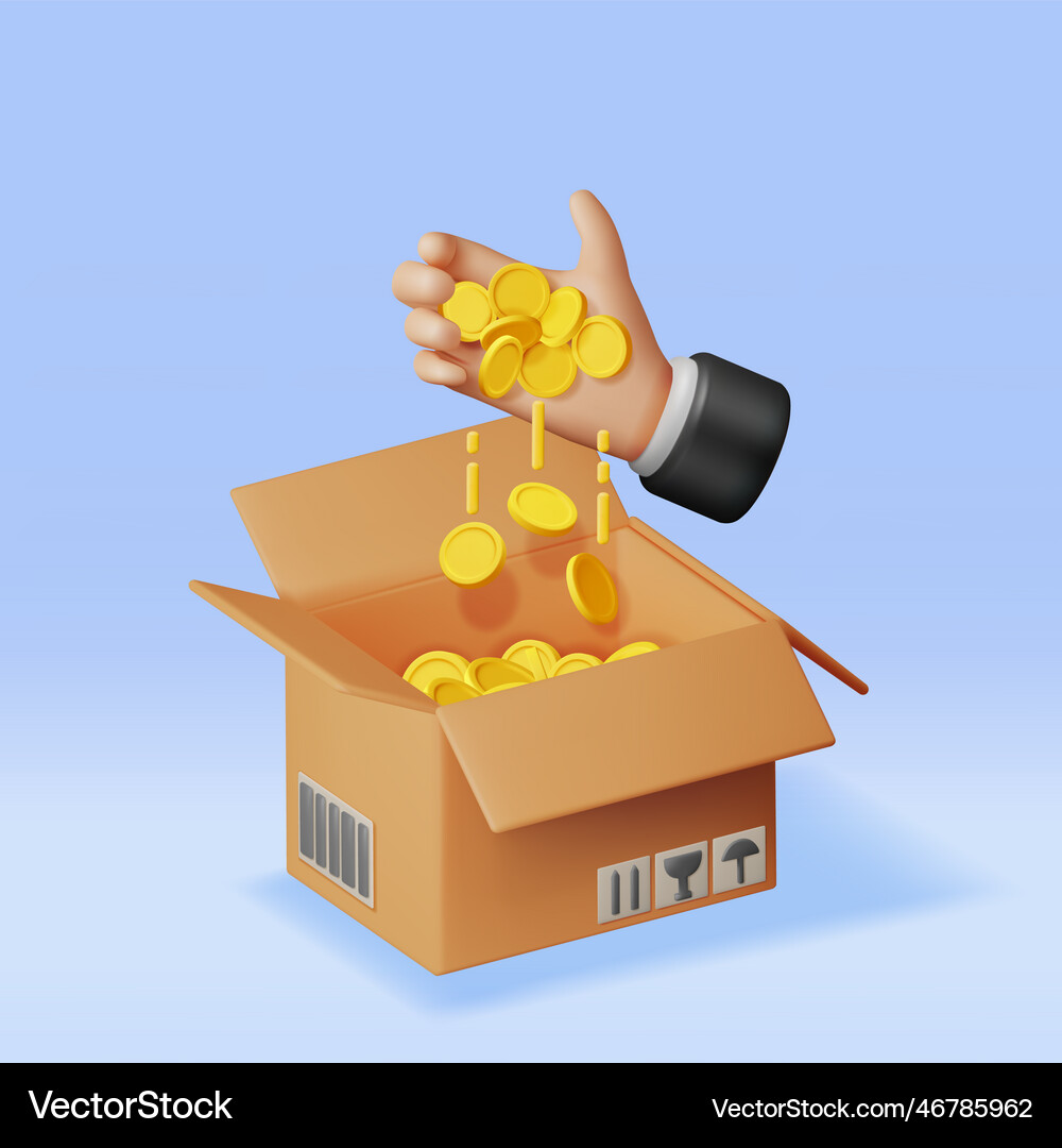 3d cardboard box with gold coins inside hand Vector Image