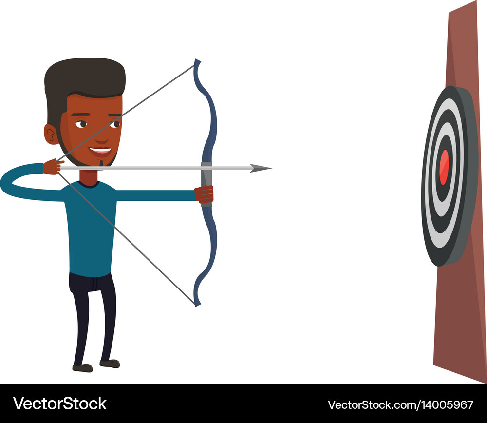 Archer aiming with bow and arrow at the target Vector Image