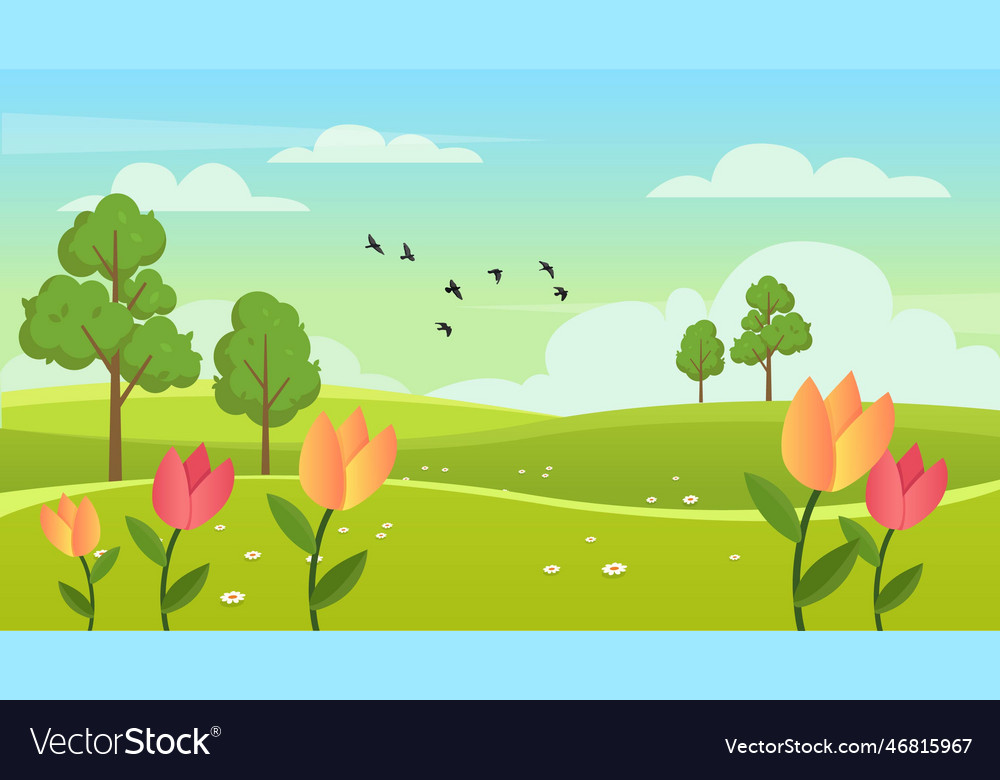 Cartoon meadow landscape summer green fields Vector Image Cartoon meadow landscape summer green fields Vector Image