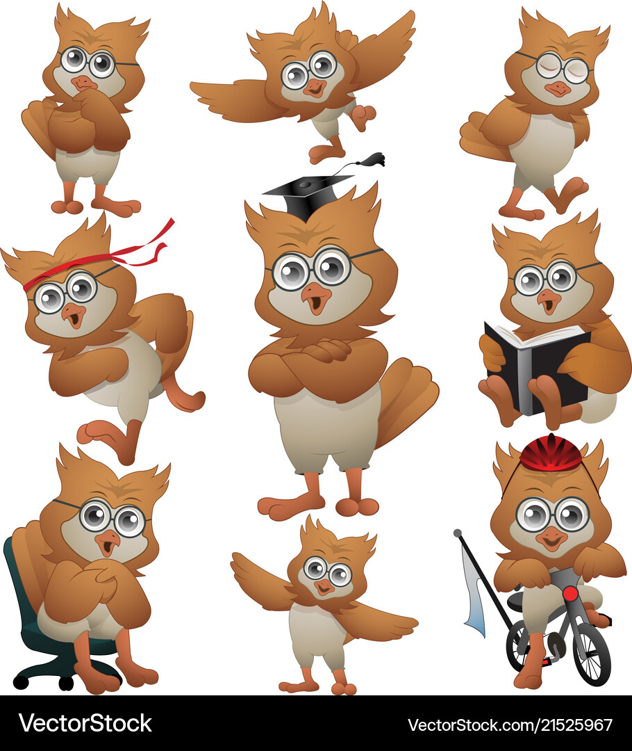 Intelligent owl cartoon collection Royalty Free Vector Image