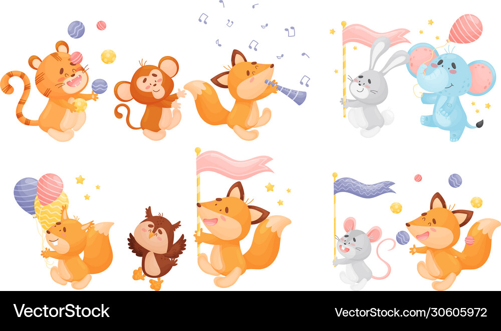 Animals playing flute carrying flags and juggling Vector Image