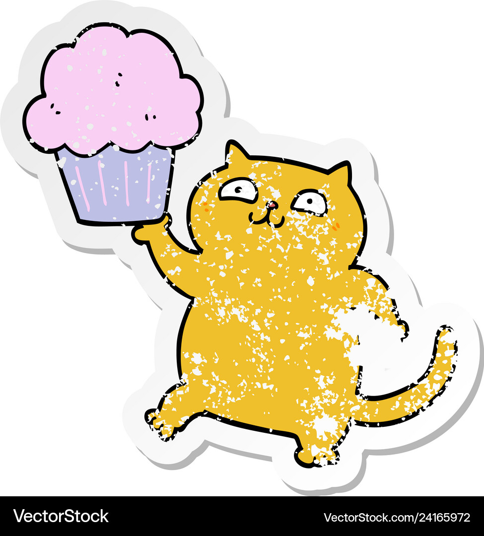 Distressed sticker a cartoon cat with cupcake Vector Image