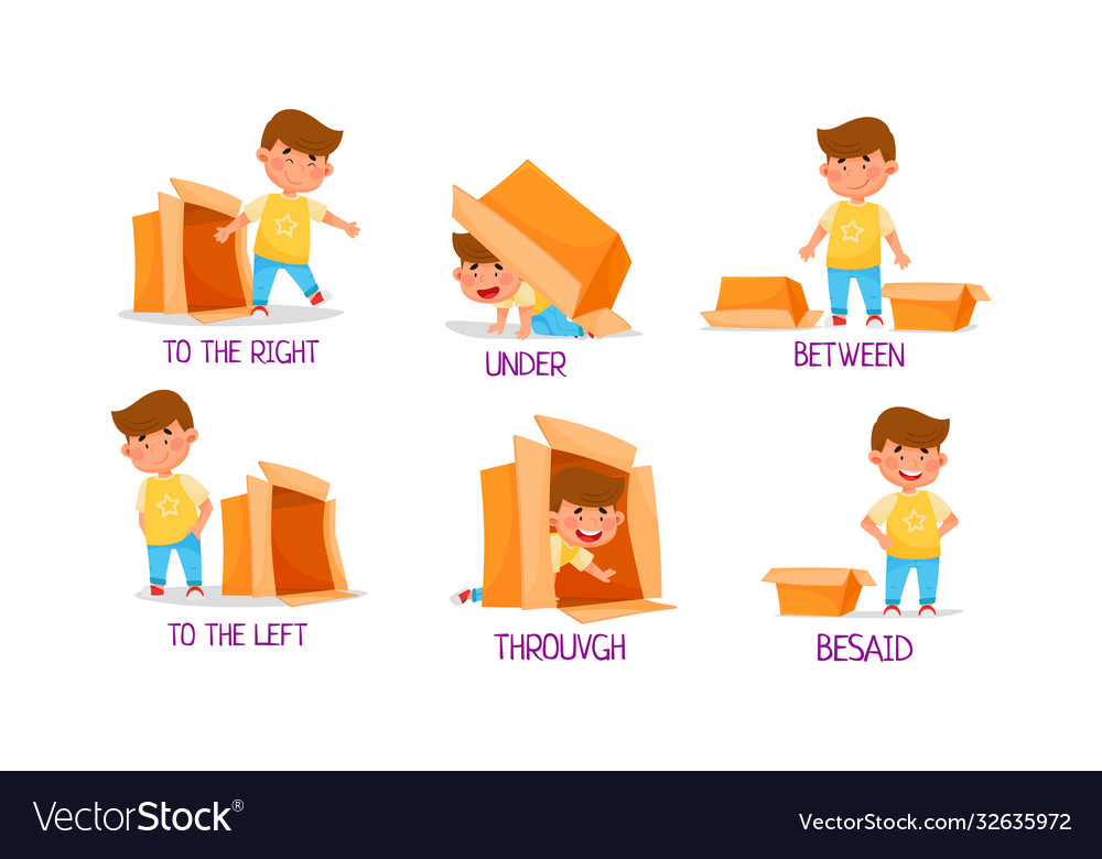 Little boy and carton box as prepositions place Vector Image