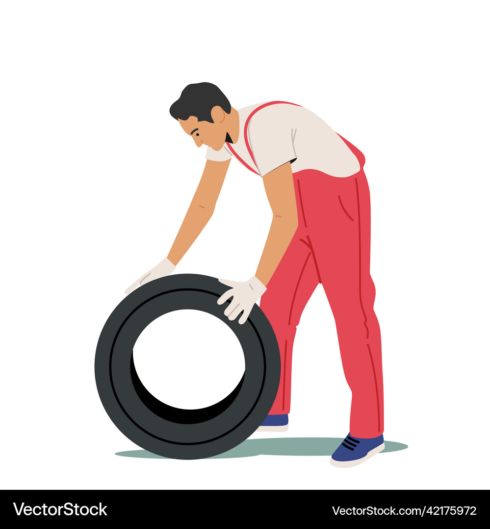 Man in red uniform holding tire for mount Vector Image