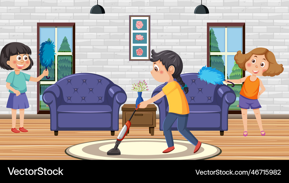 Kids cleaning room together Royalty Free Vector Image