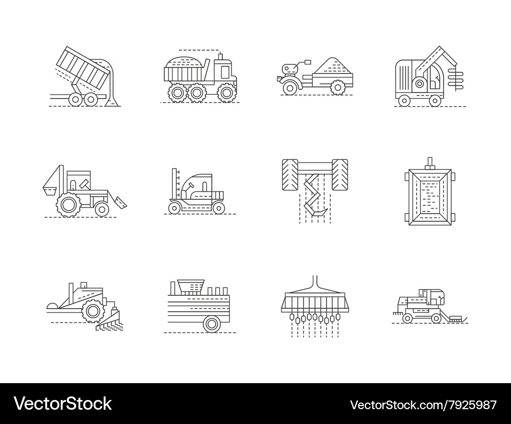 Agricultural machinery linear icons set Royalty Free Vector