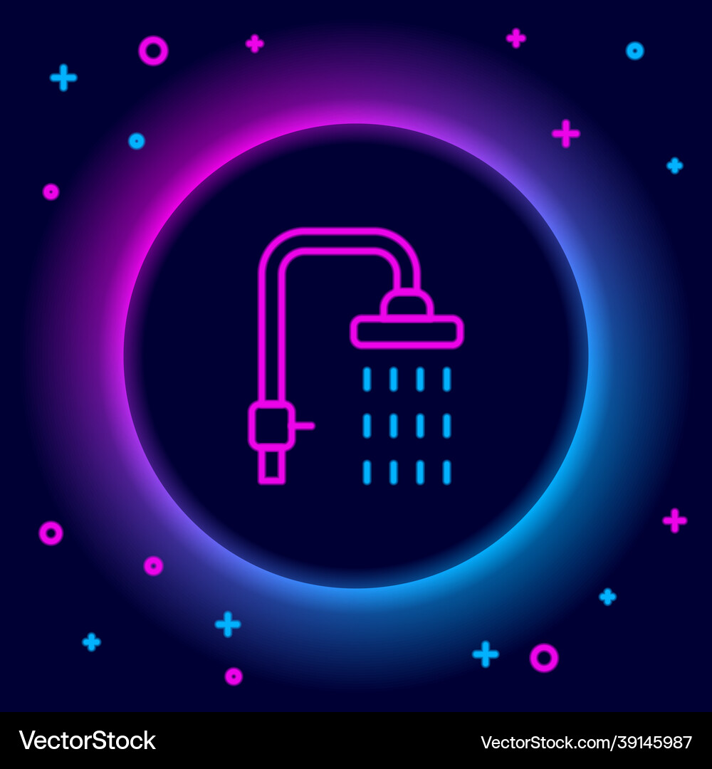 Glowing neon line shower head with water drops Vector Image