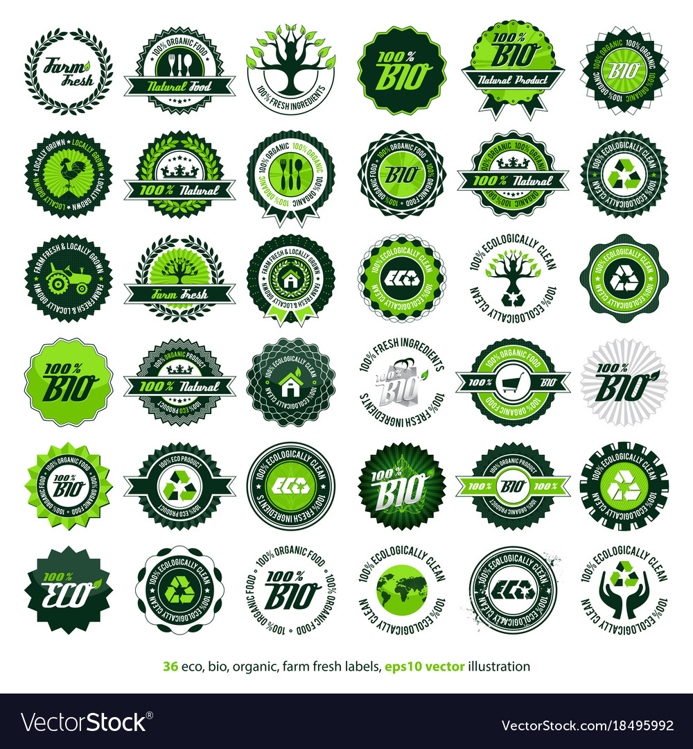 36 eco bio organic farm fresh labels Royalty Free Vector 36 eco bio organic farm fresh labels Royalty Free Vector