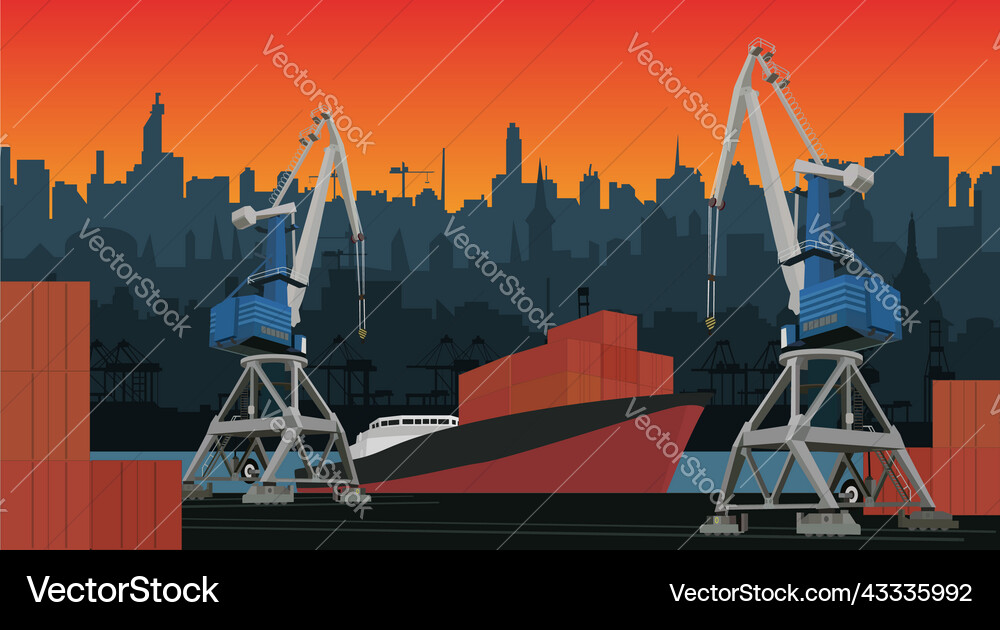 Commercial port with container ship at the pier Vector Image
