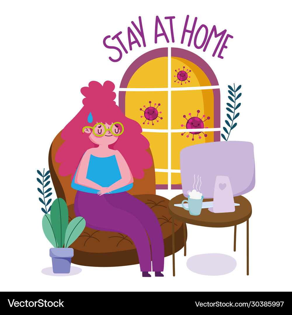 Stay at home young woman with computer Royalty Free Vector