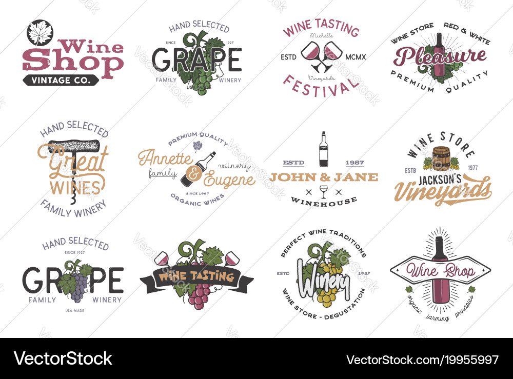 Wine logos labels set winery shop Royalty Free Vector Image