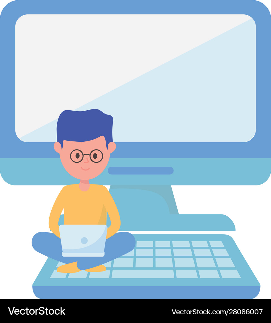 Student boy sitting in keyboard with laptop Vector Image